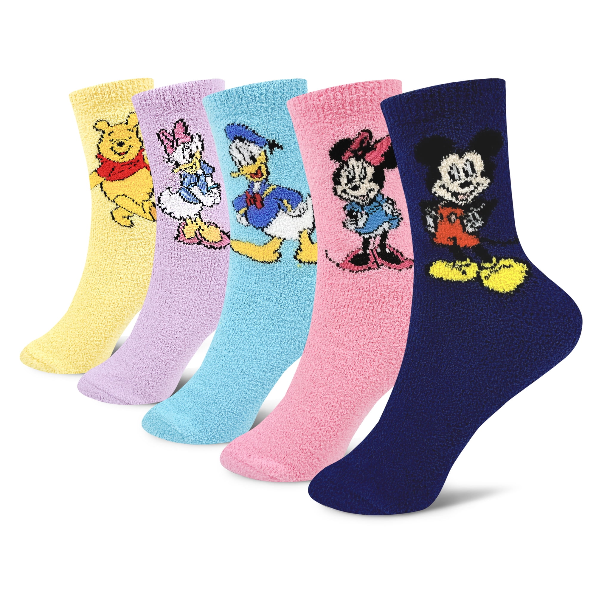 Disney Character Fuzzy Crew Socks, 5 Pairs Set , Mickey Mouse Minnie ...