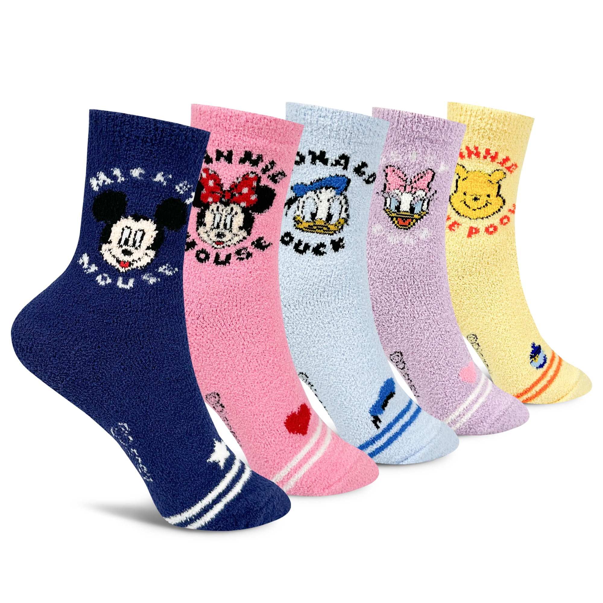 Disney Character Fuzzy Crew Socks, 5 Pairs set, Mickey Mouse Minnie ...