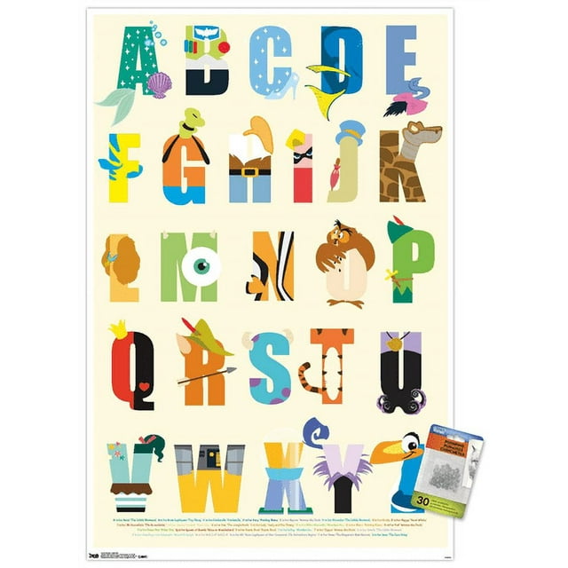Disney Characters as the Alphabet Wall Poster with Push Pins, 22.375" x ...
