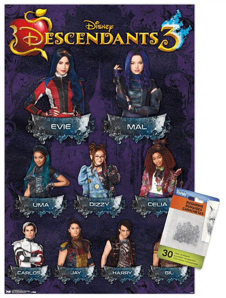 Disney Descendants 3 - Grid Wall Poster with Push Pins, 14.725" x 22. ...