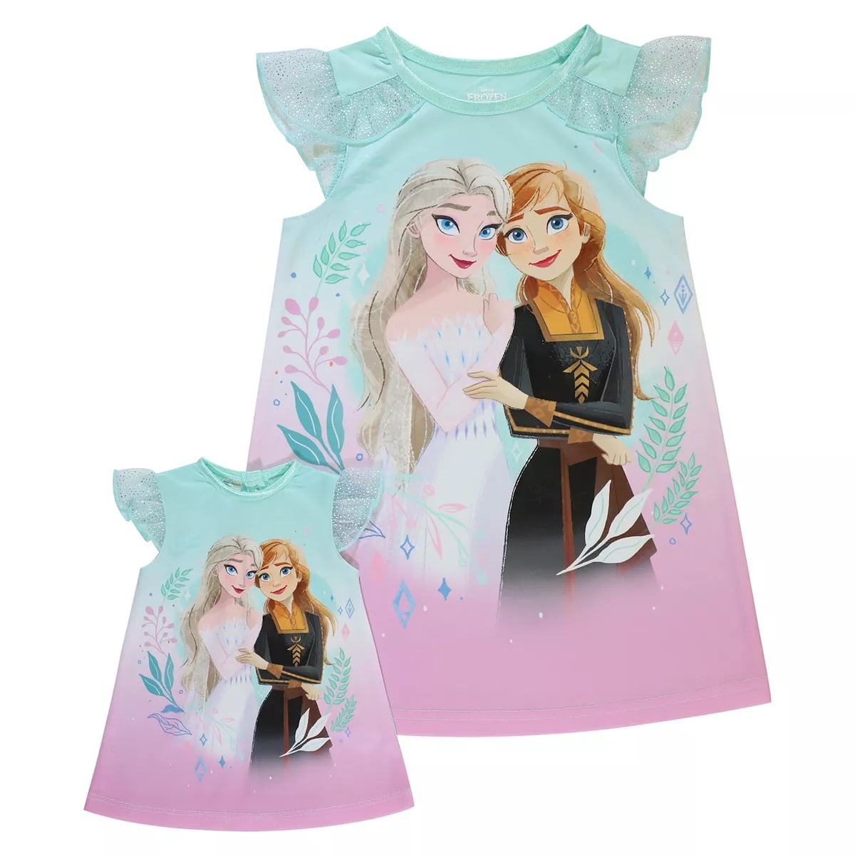 Disney Frozen Anna and Elsa Sisters Nightgown and Doll Gown Set, Size ...