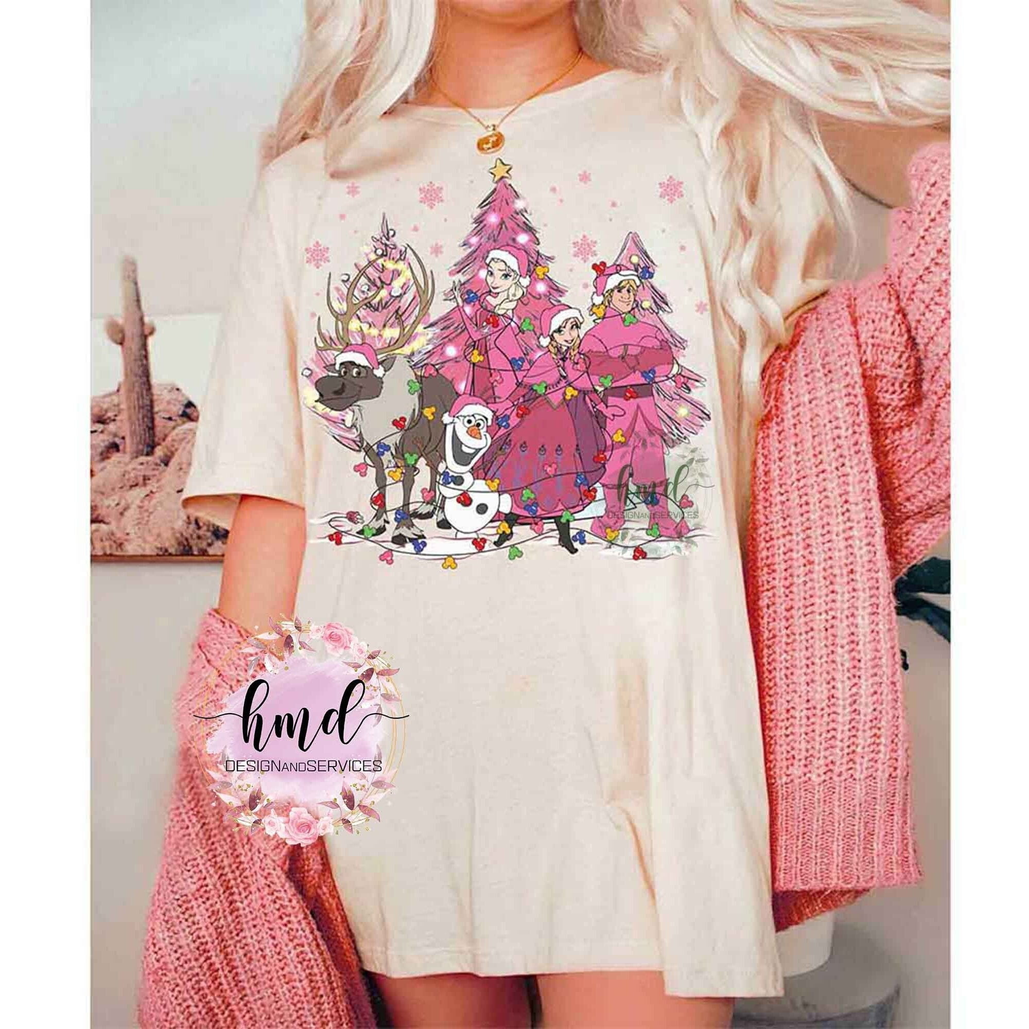 Disney Frozen Characters Group Pink Christmas Tree Light T-Shirt, Elsa ...
