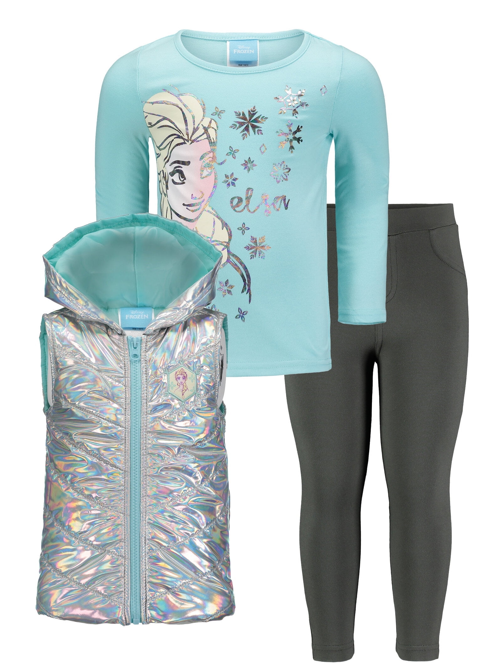 Disney Frozen Elsa Big Girls Zip Up Vest T-Shirt and Leggings 3 Piece ...