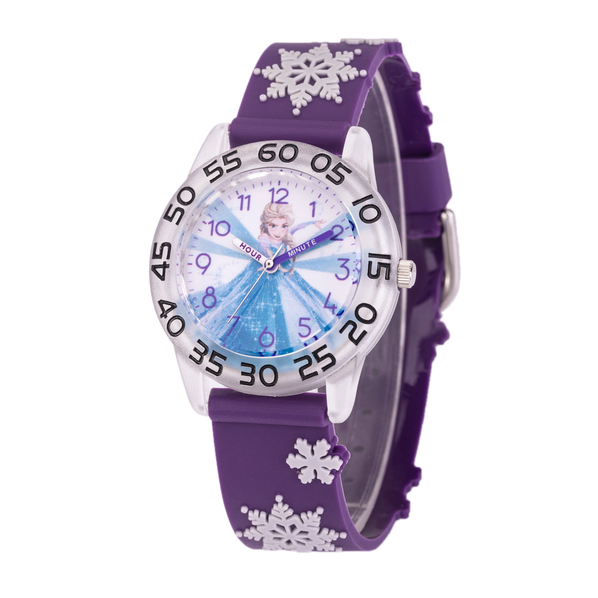 Disney Frozen Elsa Girls' Clear Plastic Time Teacher Watch, 3D Purple ...