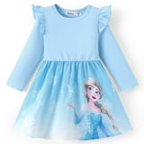 Disney Frozen Girl Dresses Elsa Graphic Blue Ruffle Long Sleeves Dress ...