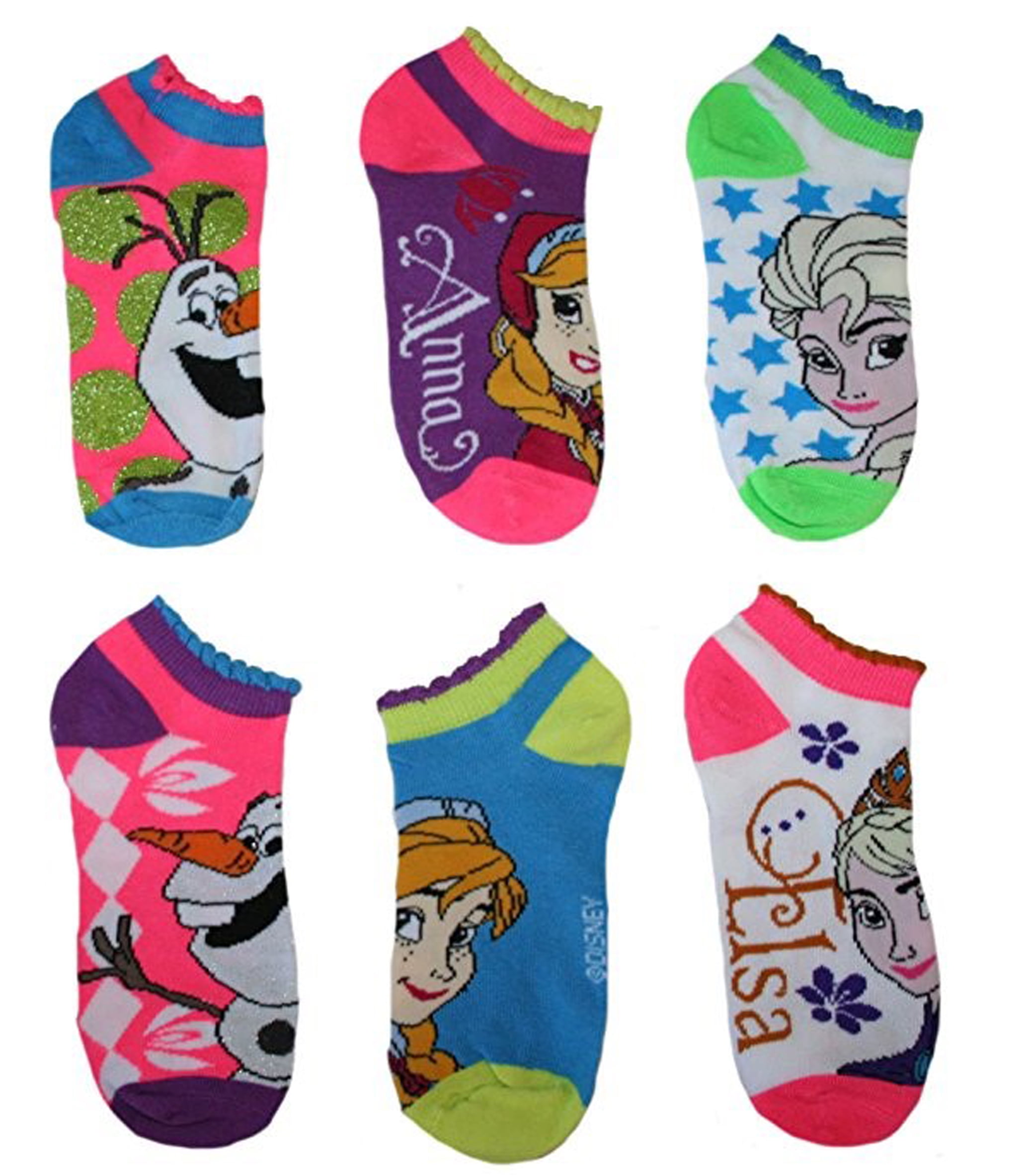Disney Frozen Girls' 6 Pack Ruffled Assorted No Show Socks, Anna, Elsa ...