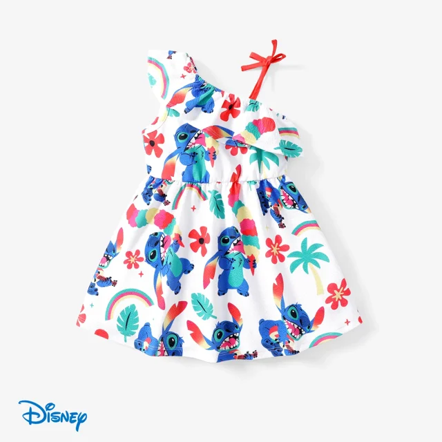 Disney Stitch Girls Dresses Graphic Floral Ruffled One Shoulder Outfits ...