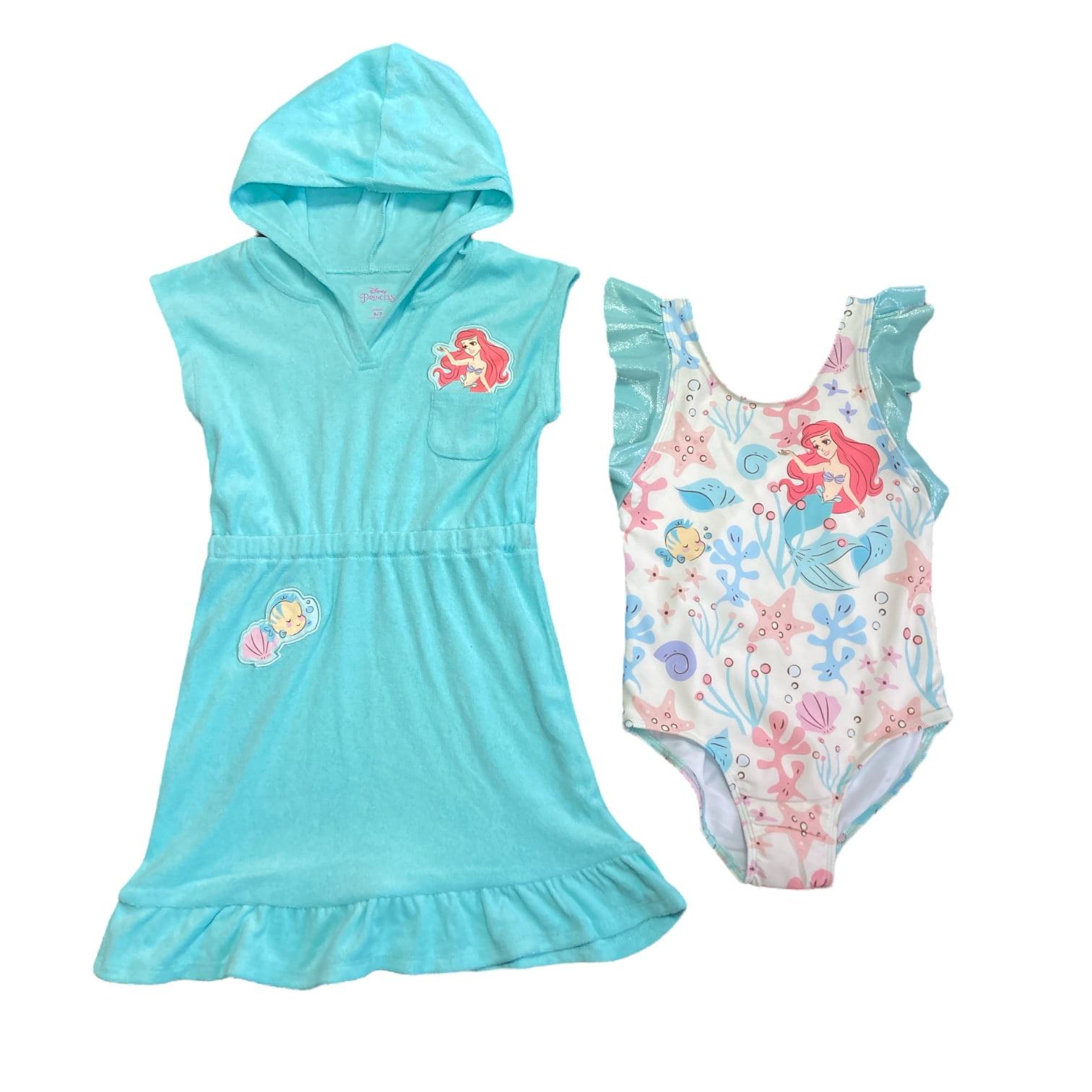 Disney Girl's 2 Piece One Piece Swimsuit and Hooded Cover Up Set (Ariel ...