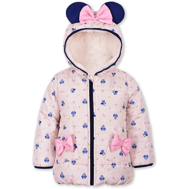 Disney Girl's Minnie Mouse Print Hooded Puffer Jacket with Ears and Bow ...