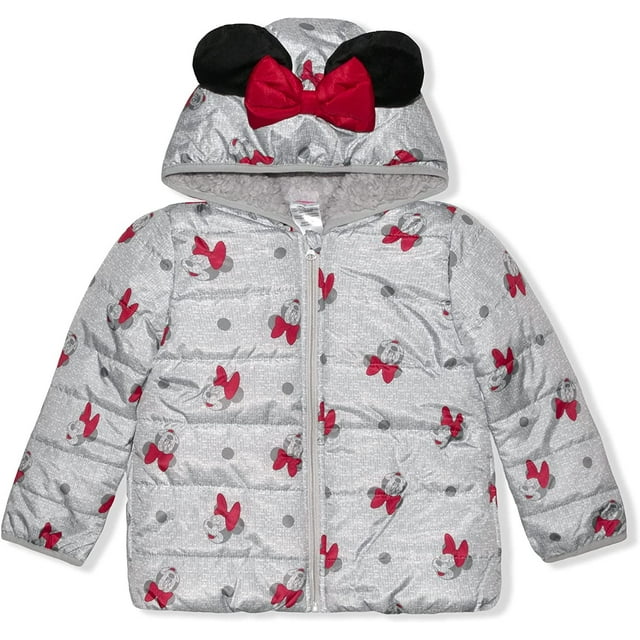 Disney Girl's Minnie Mouse Print Hooded Puffer Jacket with Ears and Bow ...