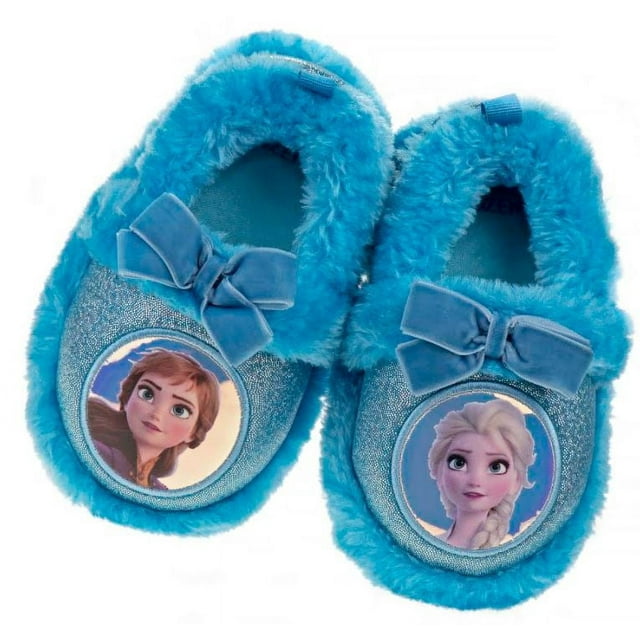 Disney Frozen Toddler Girls; Plush Slippers with Anna and Elsa, Blue ...