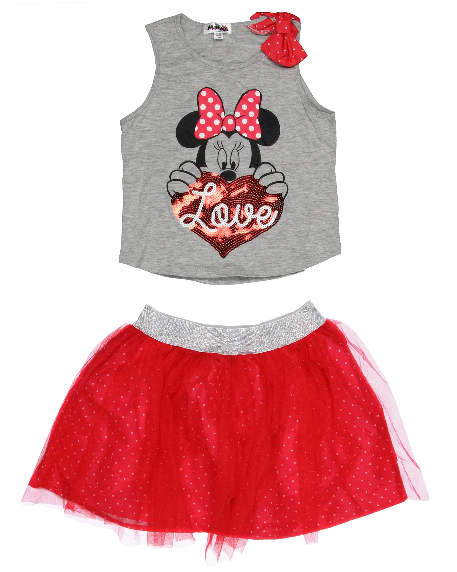 Disney Girls Minnie Mouse Sequin Love Shoulder Bow Kid Tank Top and ...