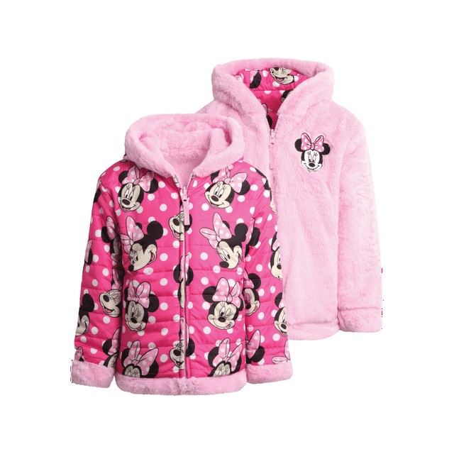 Disney Girls' Reversible Puffer Jacket – Princess, Minnie Mouse Quilted ...