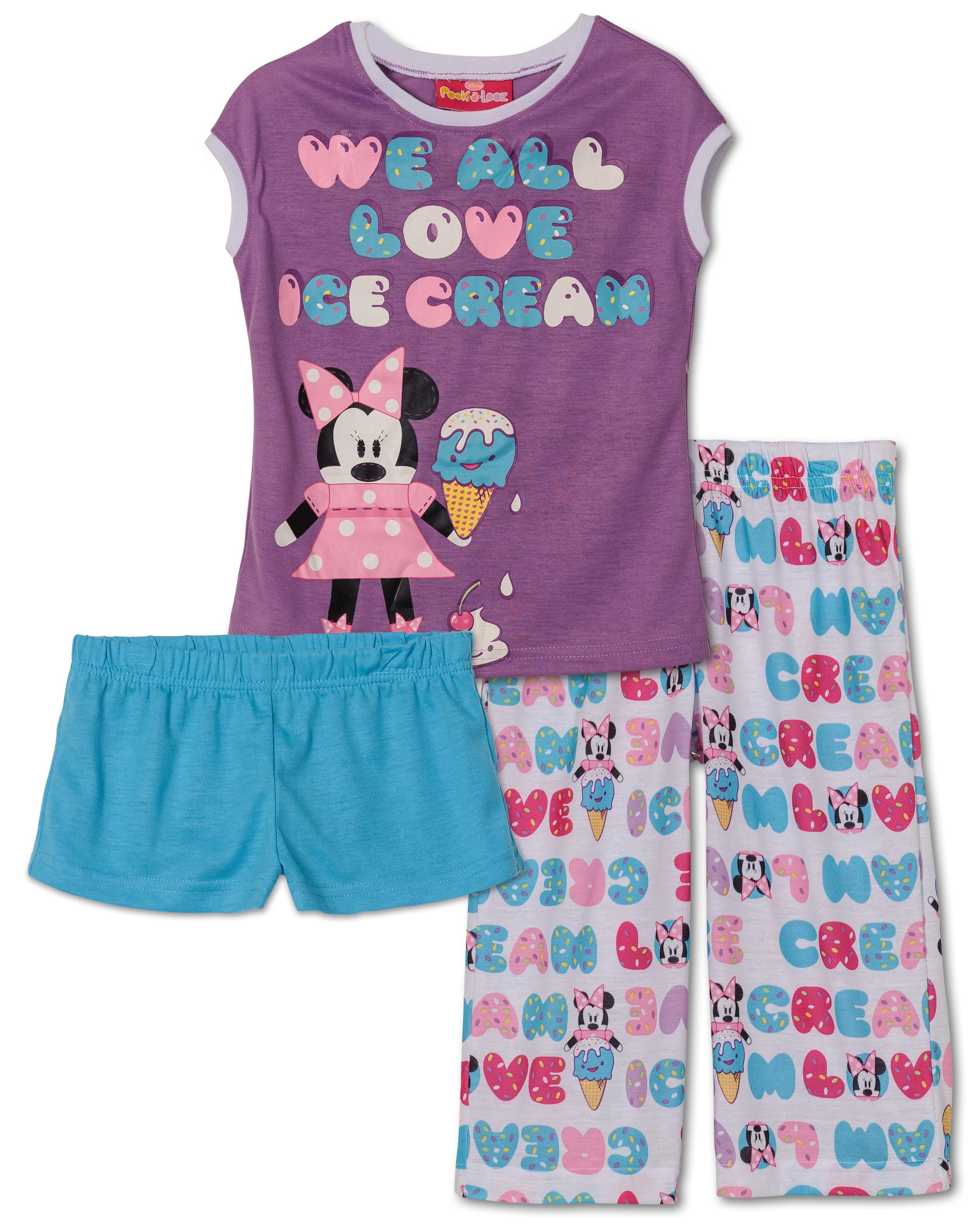 Disney Girls Pajama Minnie Mouse Top, Pants and Boxer Shorts 3 Pc ...