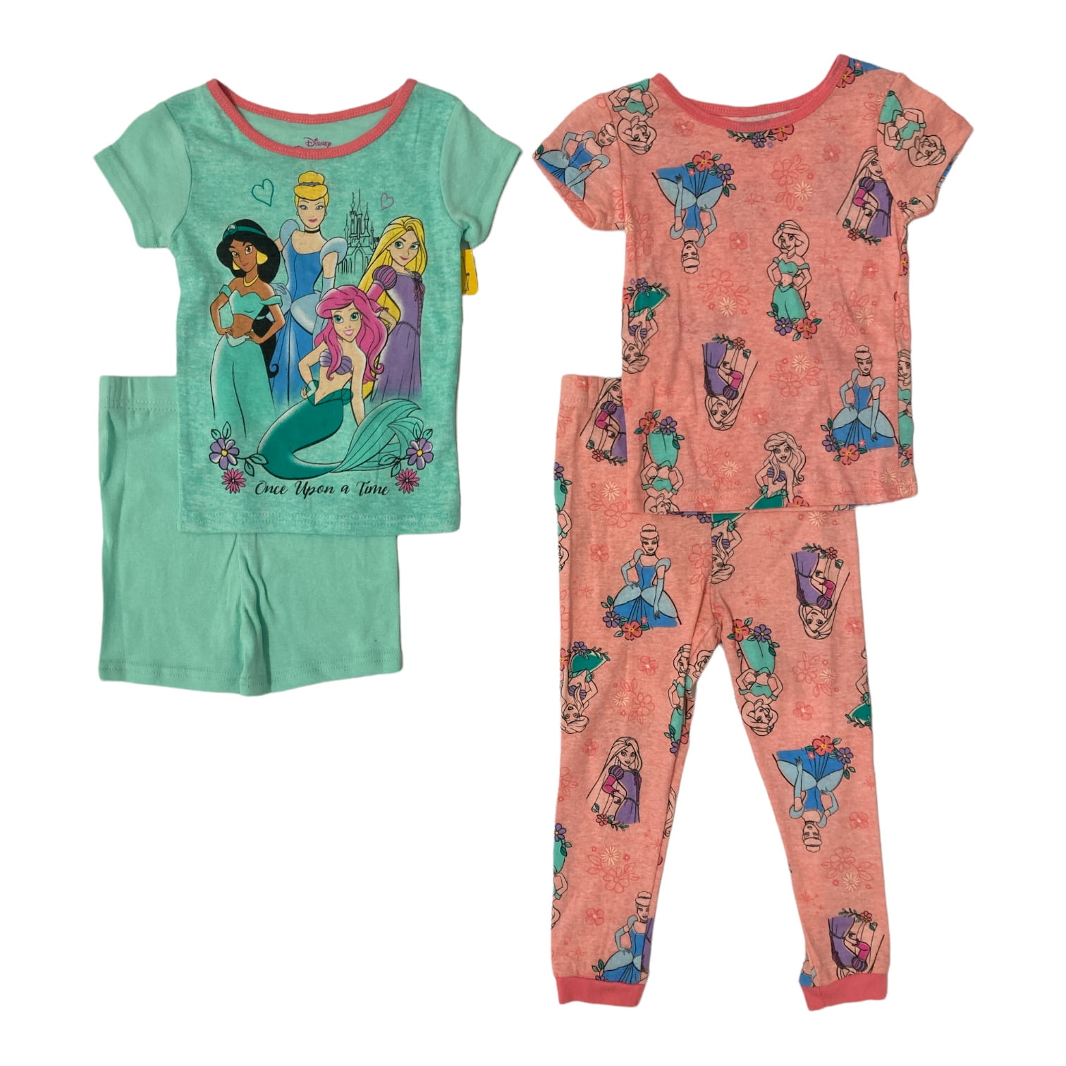 Disney Girls Princess 4 Piece Short Sleeve Cotton Pajama Set (Princess ...