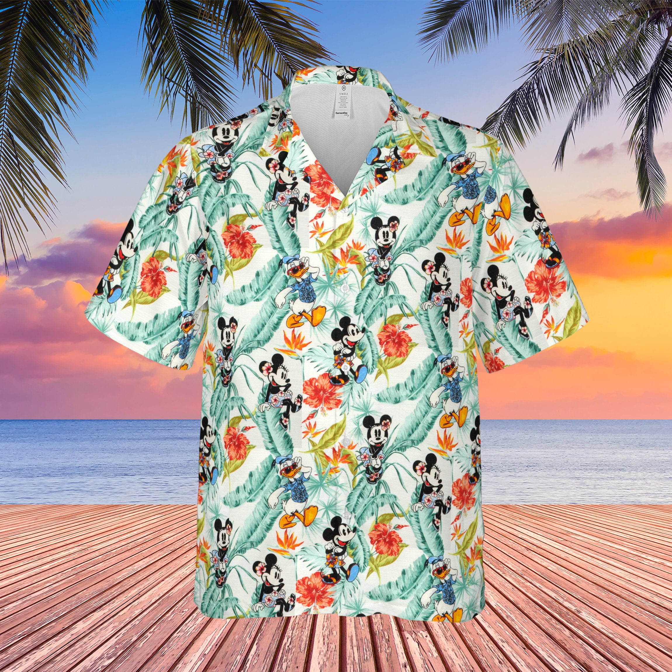 Disney Hawaiian Shirt Summer Beach Mickey Minnie Donald Duck Floral ...