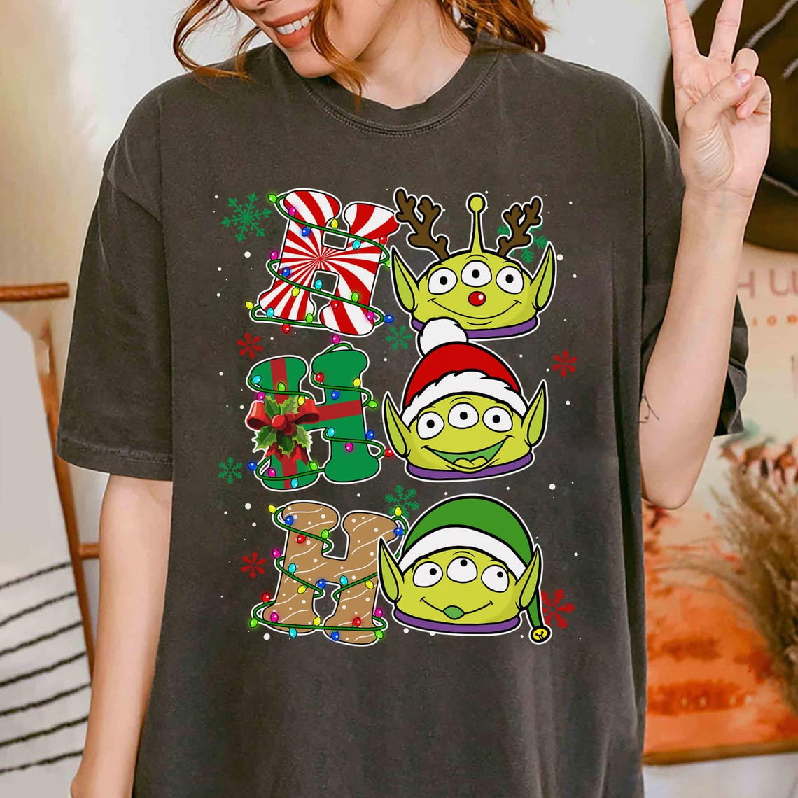 Disney Ho Ho Ho Aliens Christmas Lights Shirt, Santa Reindeer Aliens ...