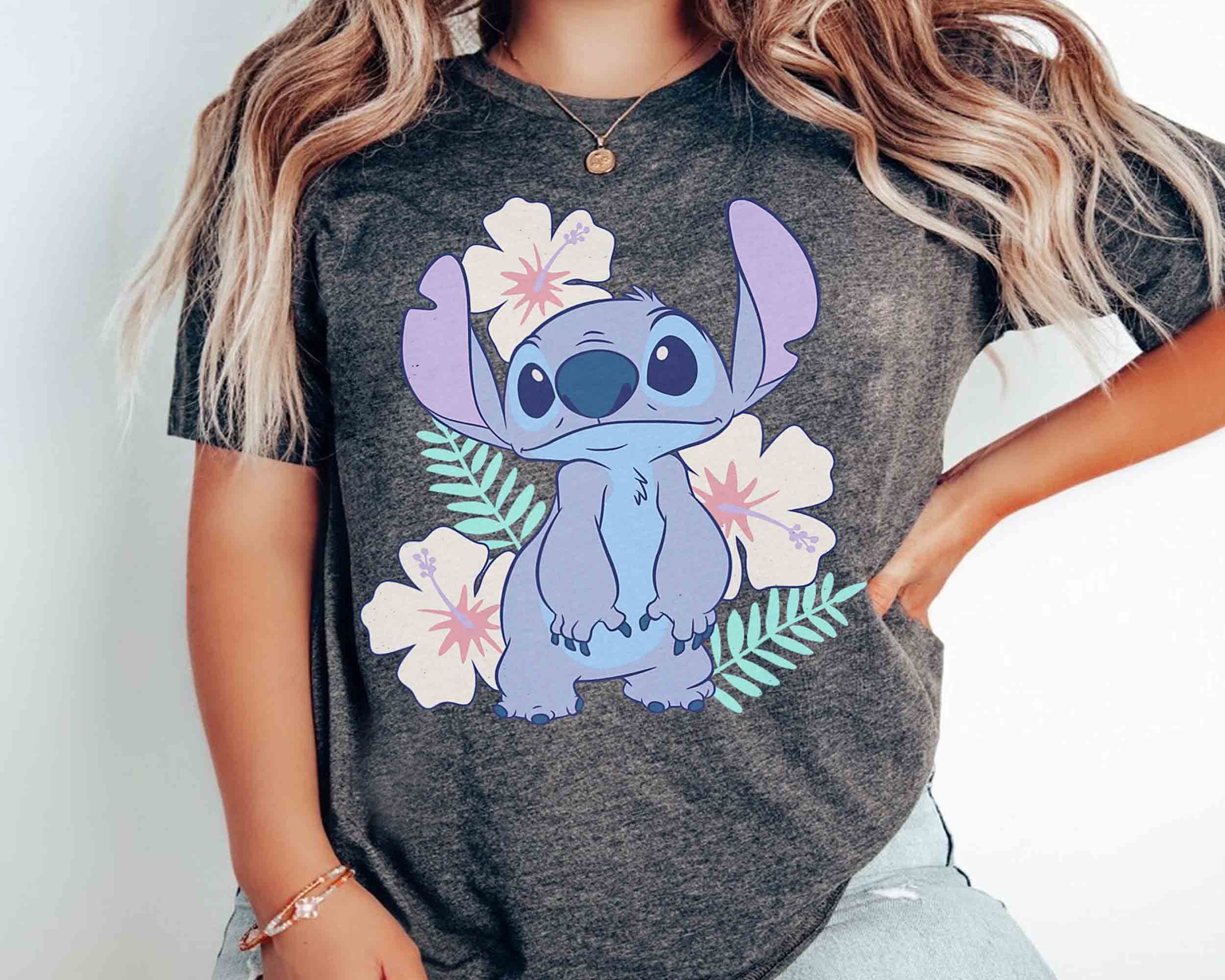 Disney Lilo & Stitch Cute Face Hawaiian Flowers Portrait T-Shirt, WDW ...