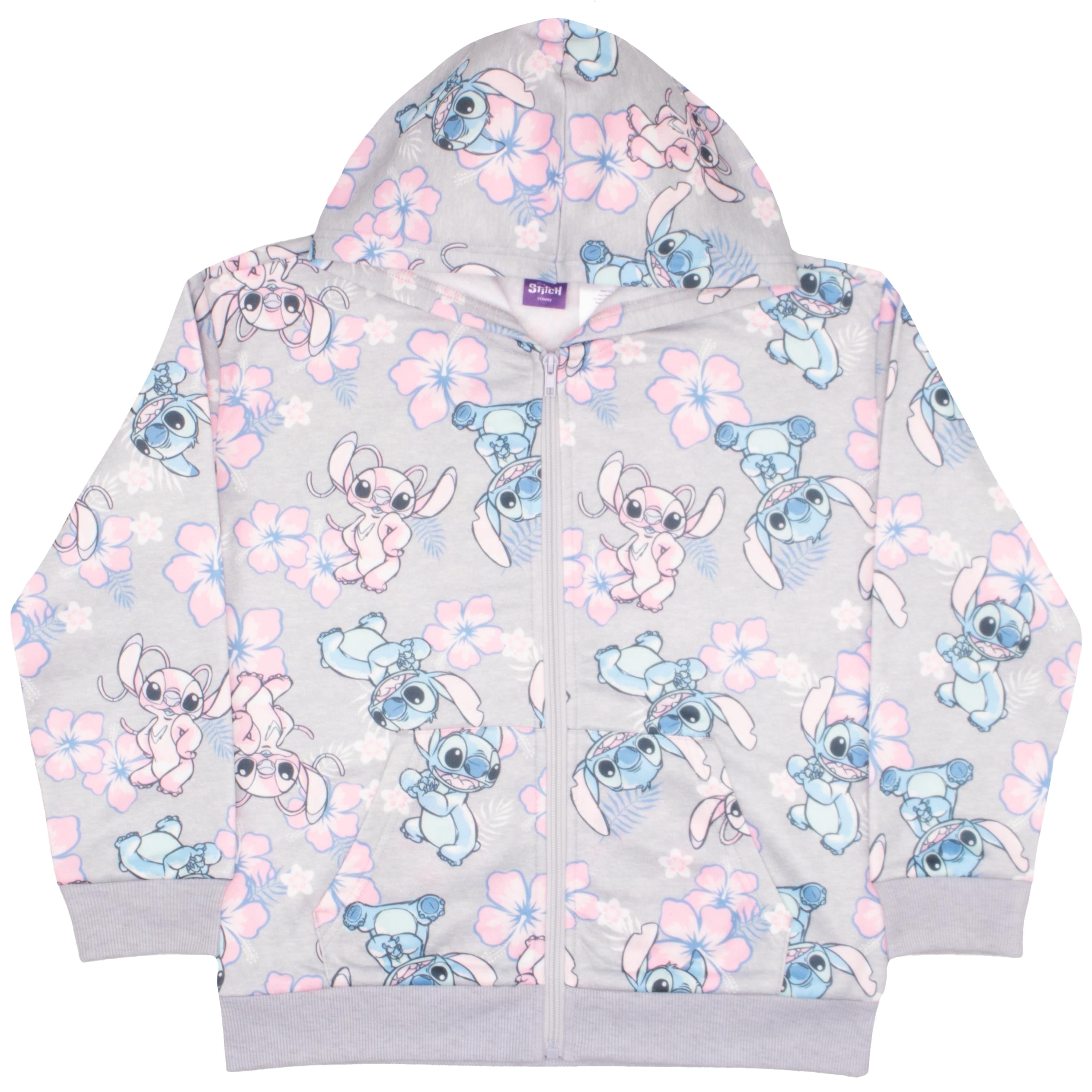 Disney Girls Zip-Up Hoodie with Stitch and Angel All-Over Graphics ...