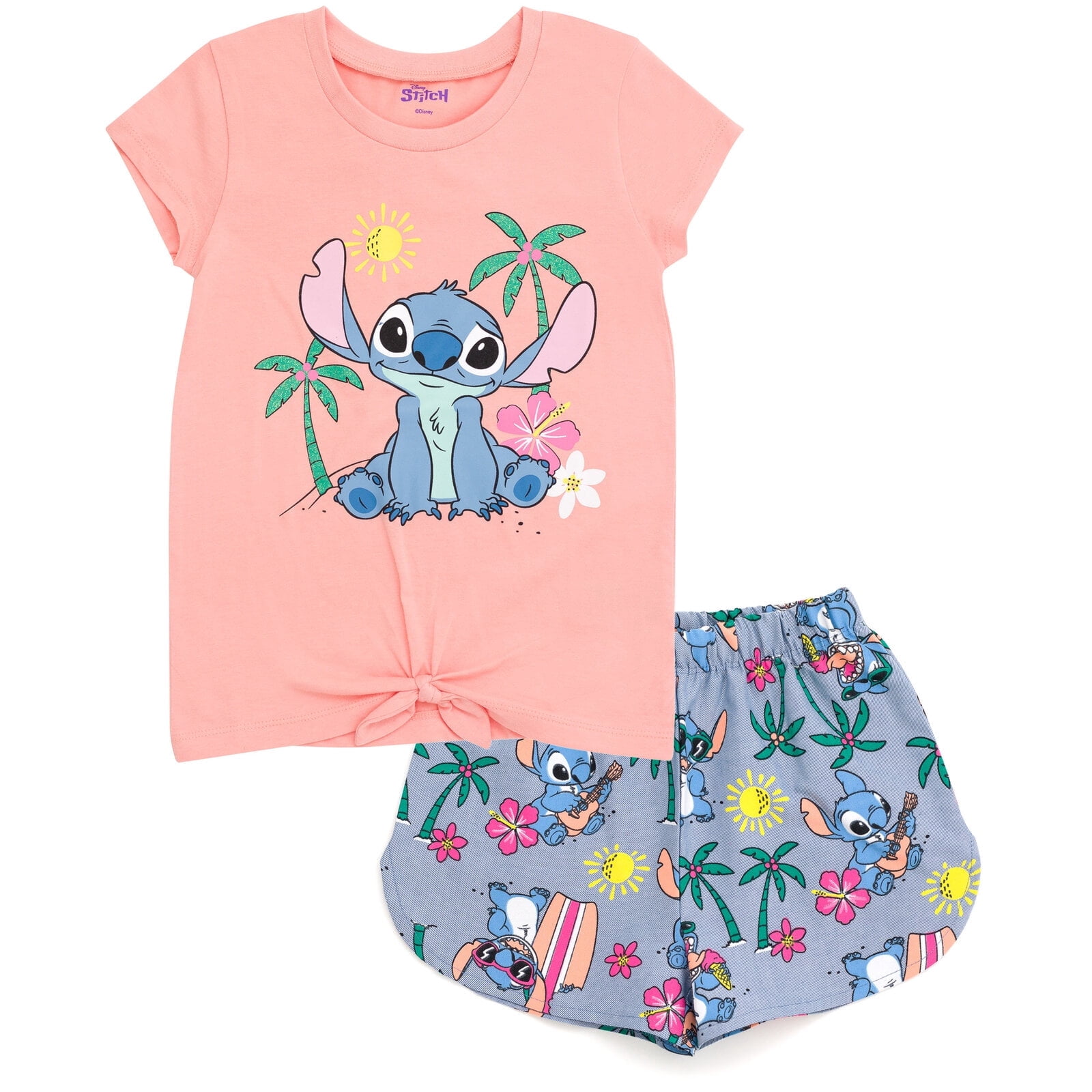 Disney Little Girls Stitch T-Shirt and Chambray Shorts Outfit, Tropical ...