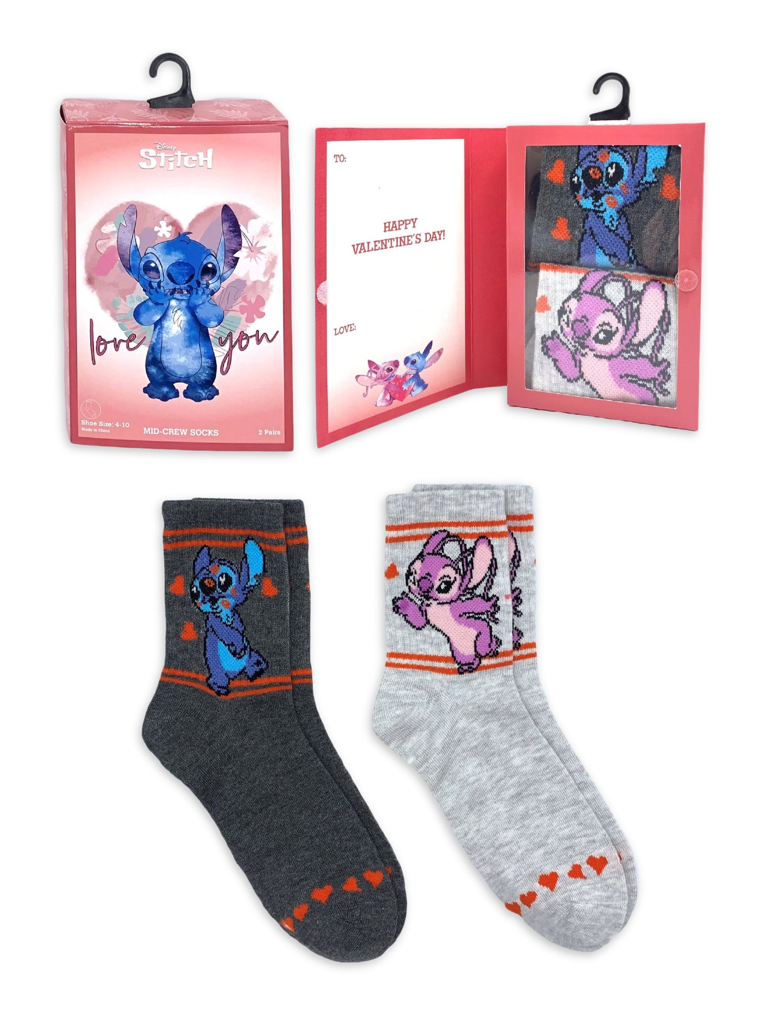 Disney Lilo & Stitch, Valentine's Day Women's Mid-Crew Socks Box Set, 2 ...