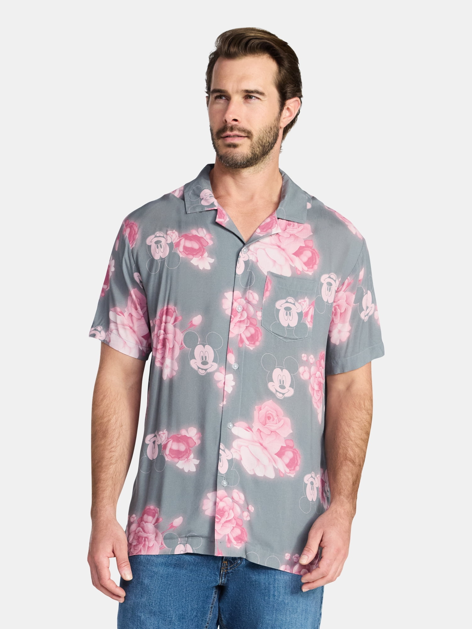 Disney Men's and Big Men's Mickey Mouse Graphic Button-Up Shirt, Sizes ...