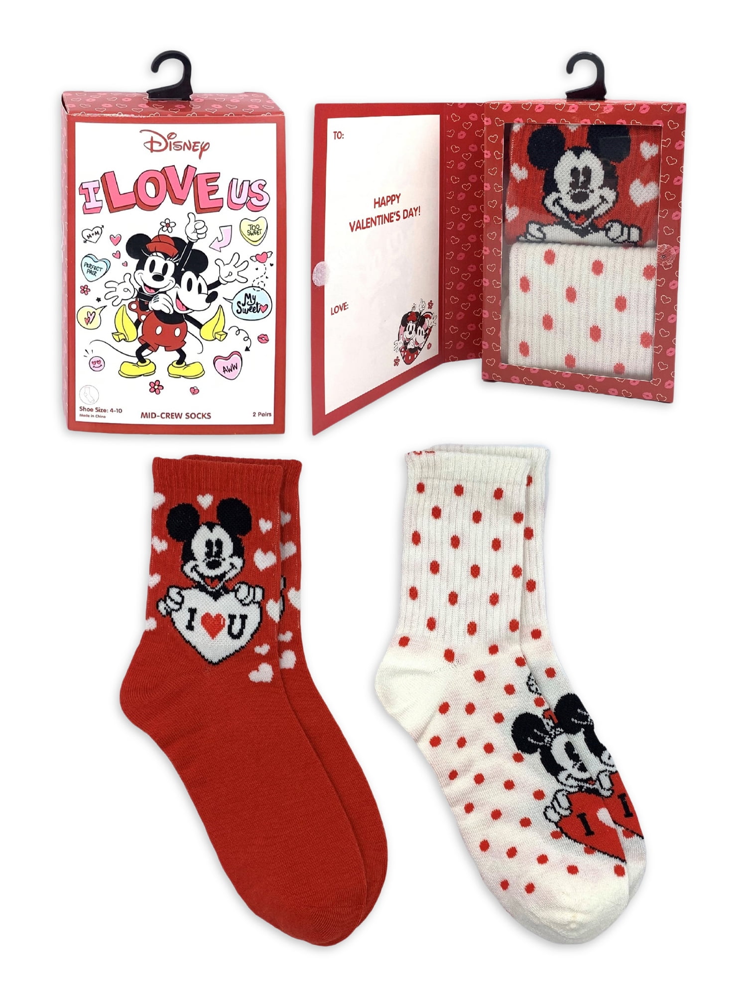 Disney Mickey & Friends, Valentine's Day Women's Mid-Crew Socks Box Set ...