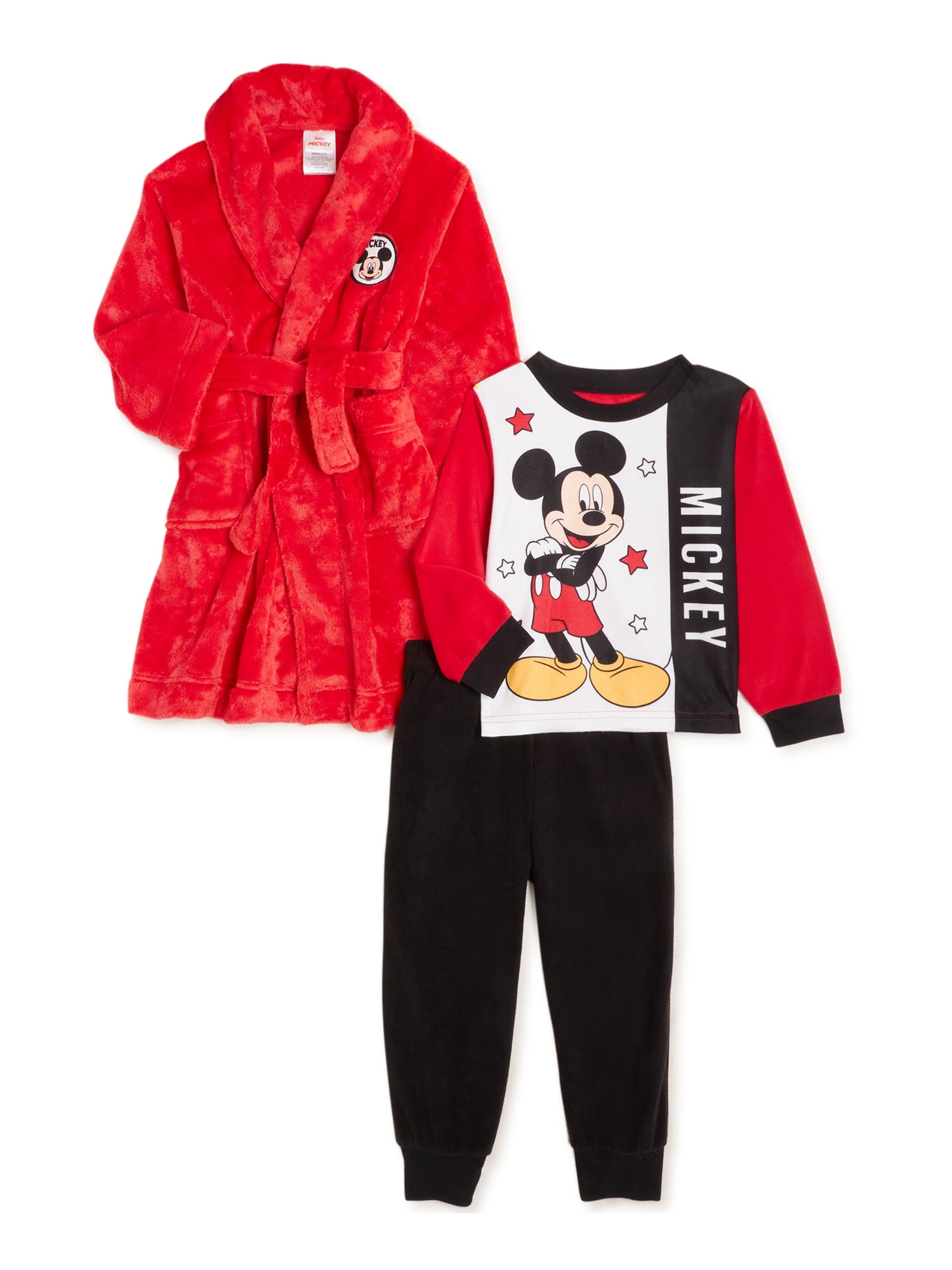 Disney Mickey Mouse Boys Long Sleeve Top, Pants and Robe, 3-Piece Pajama Set, Sizes 2T-5T ...