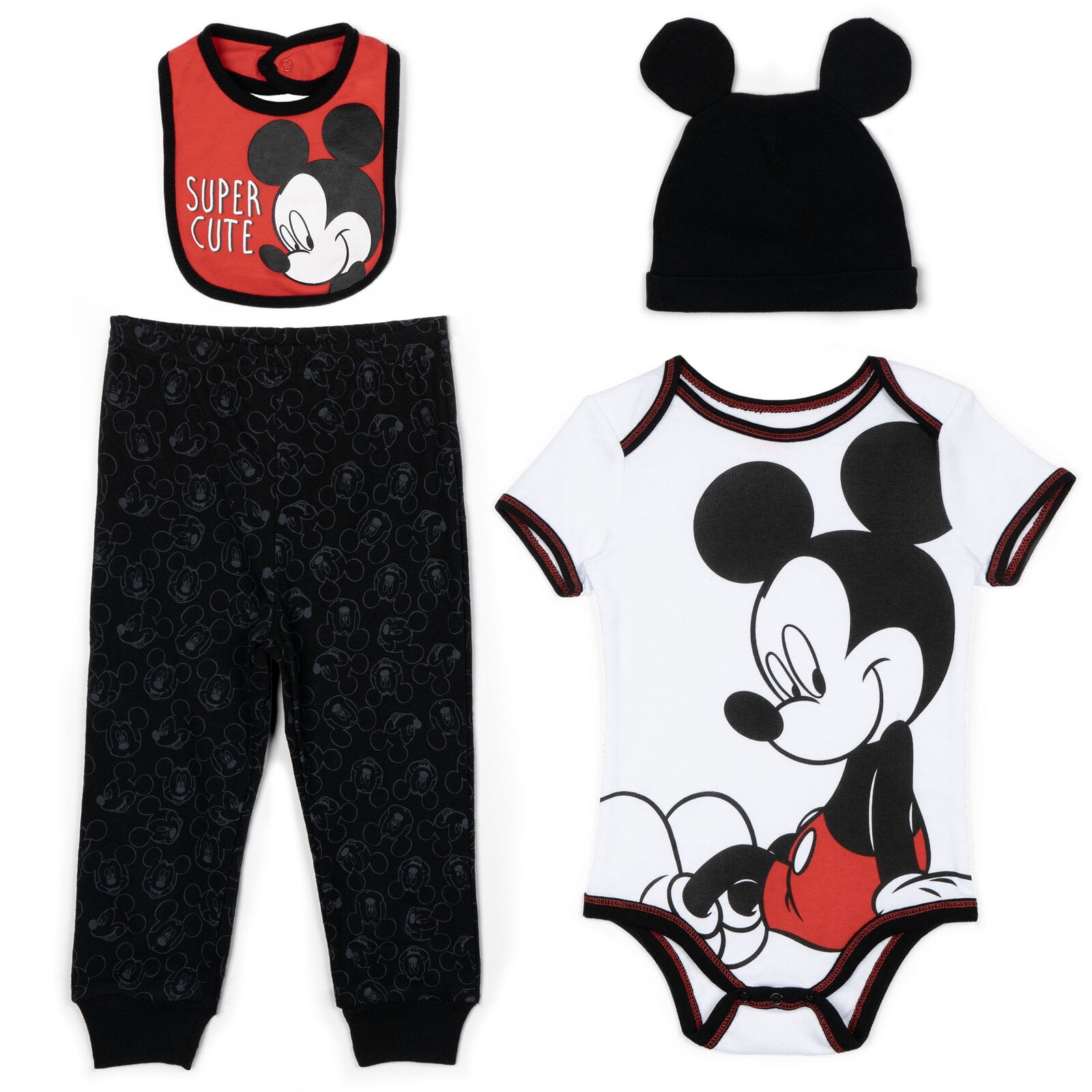 Disney Mickey Mouse Infant Baby Boys Bodysuit Pants Bib and Hat 4 Piece ...