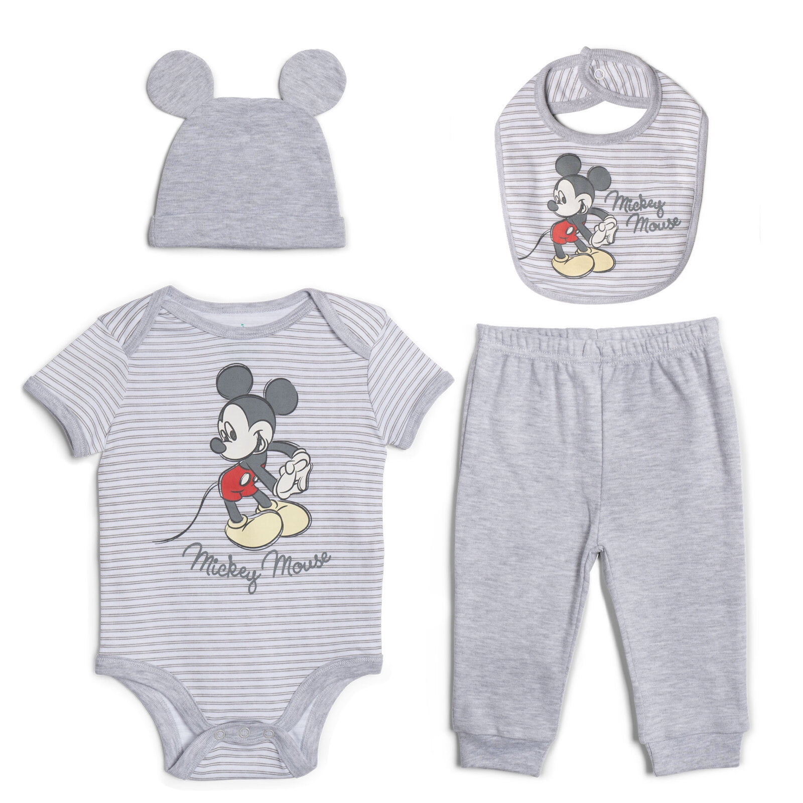 Disney Mickey Mouse Bodysuit, Pants, Bib and Hat 4 Piece Outfit Set ...