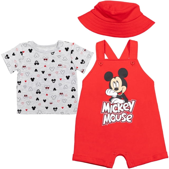 Disney Mickey Mouse 3 Piece Outfit Set: Short Overalls, T-Shirt and Hat ...