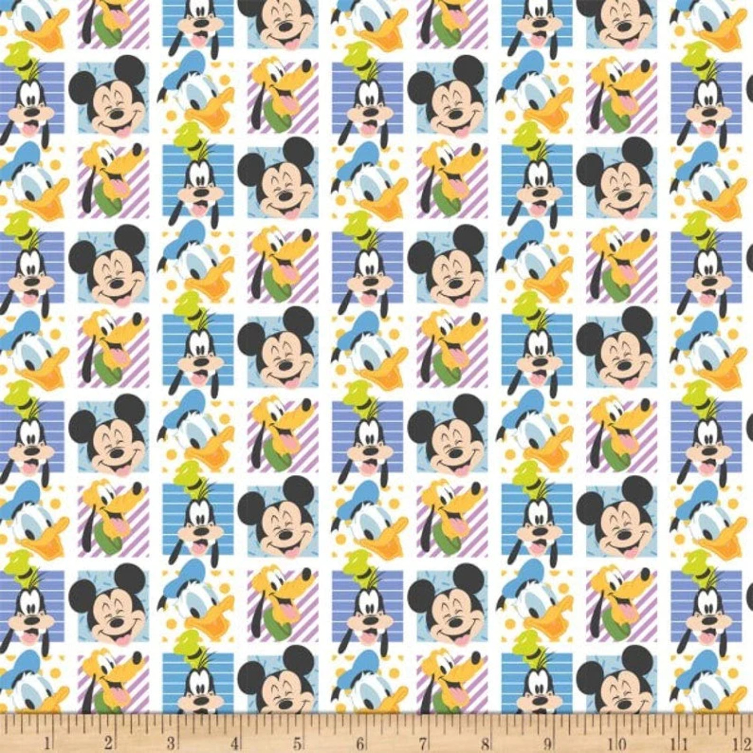 Disney Mickey Mouse Play All Day Party Blocks in White Cotton Fabric ...