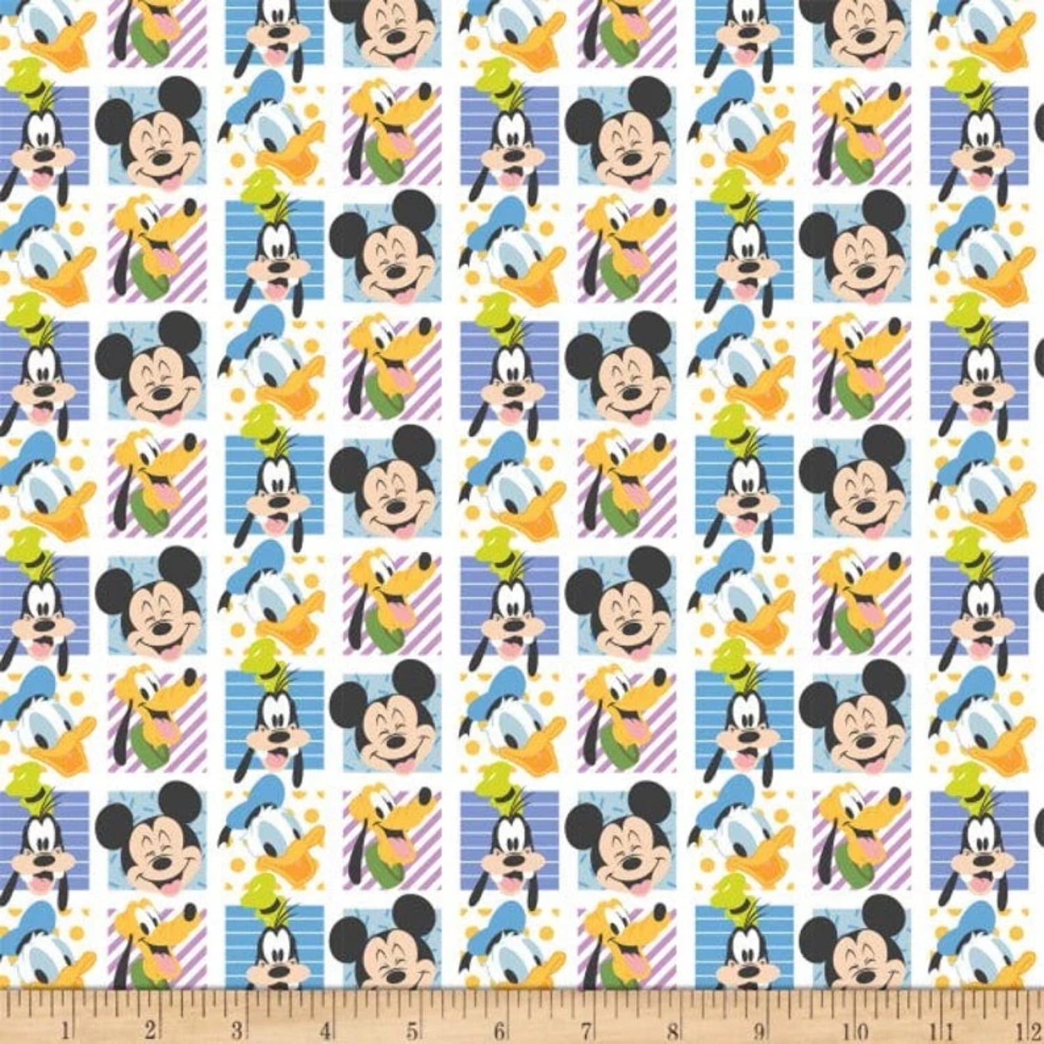 Disney Mickey Mouse Play All Day Party Blocks in White Cotton Fabric ...