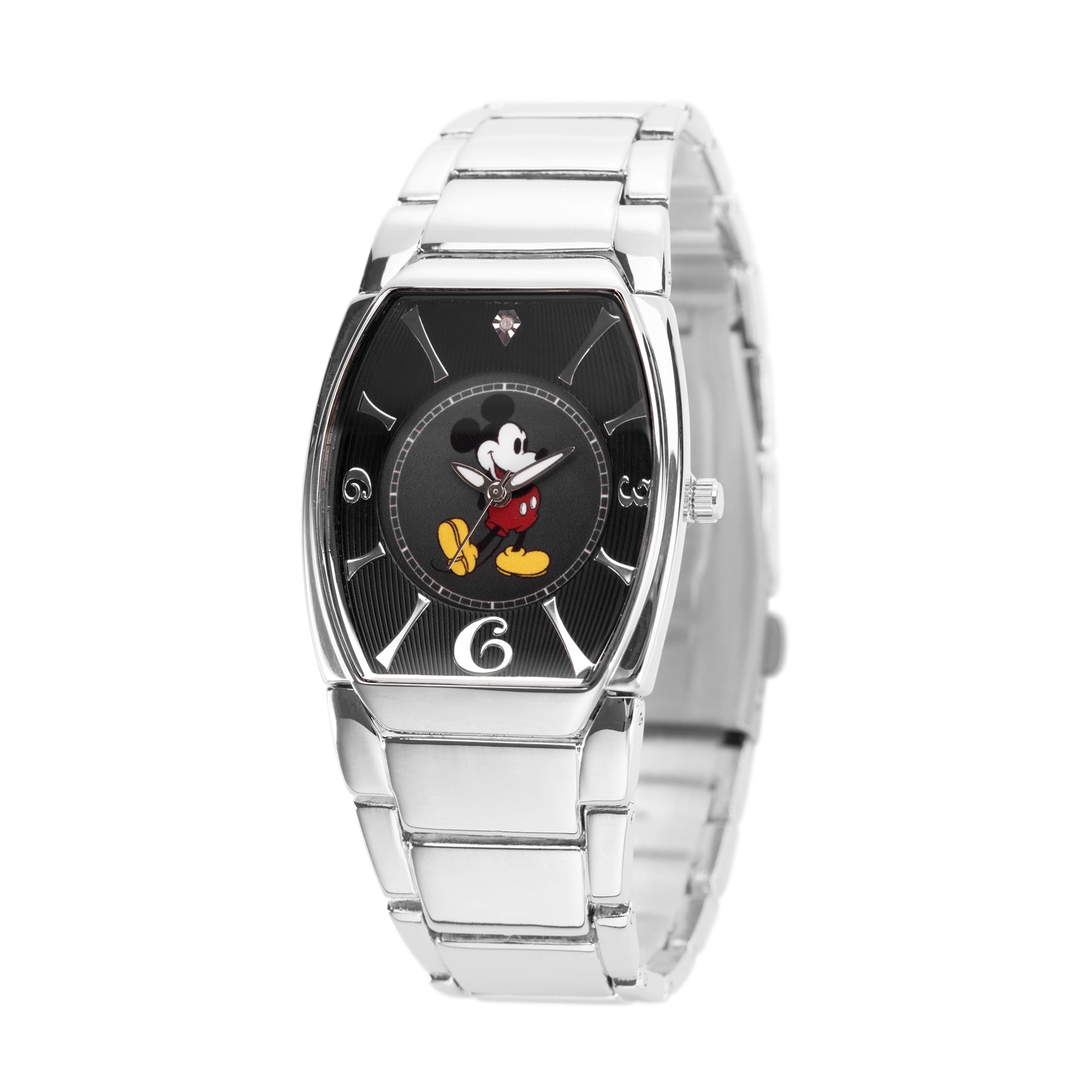 Disney Mickey Mouse Unisex Silver Barrel with Diamond Accent Black Dial ...
