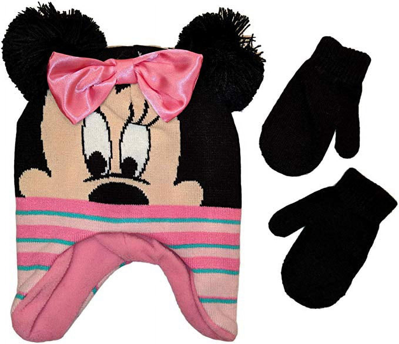 Disney Minnie Mouse Girls Big Face Beanie Winter Hat and Mittens Set ...