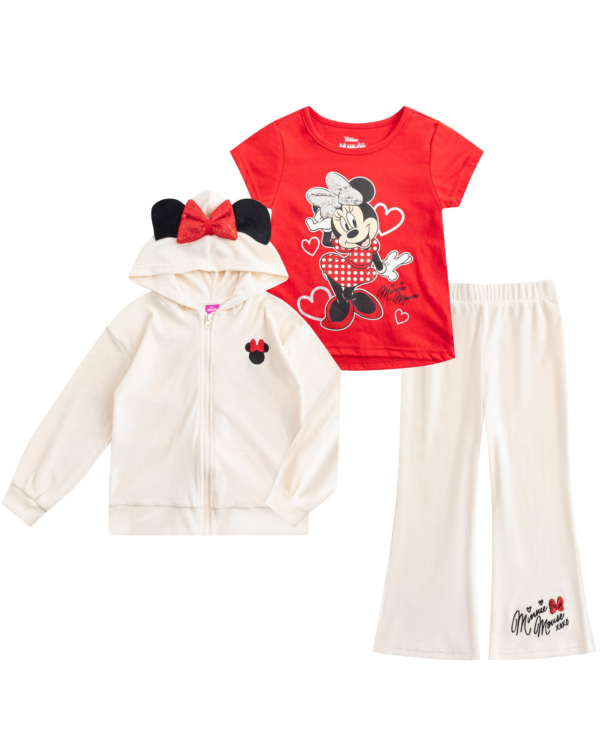 Disney Minnie Mouse Girls Velour Zip Up Sequin Hoodie, T-Shirt, and ...