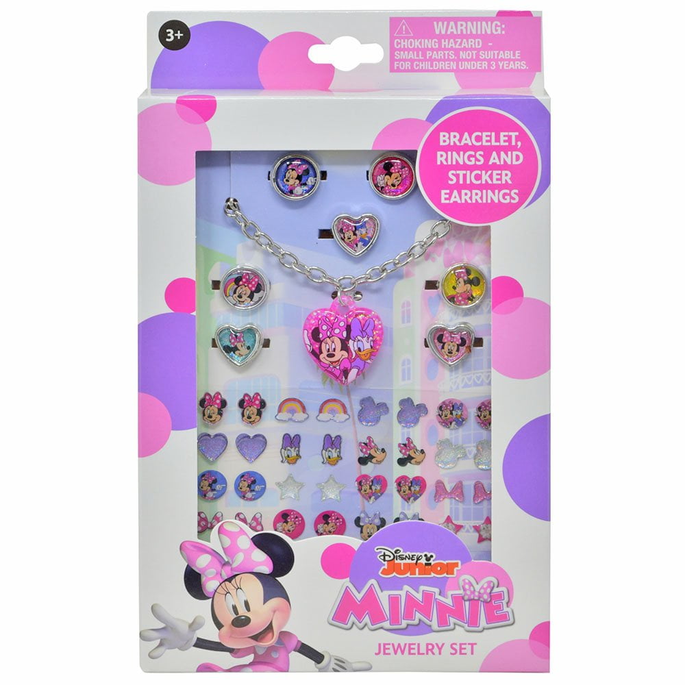 Disney Minnie Mouse Jewelry Set With Bracelet Rings Sticker Earrings