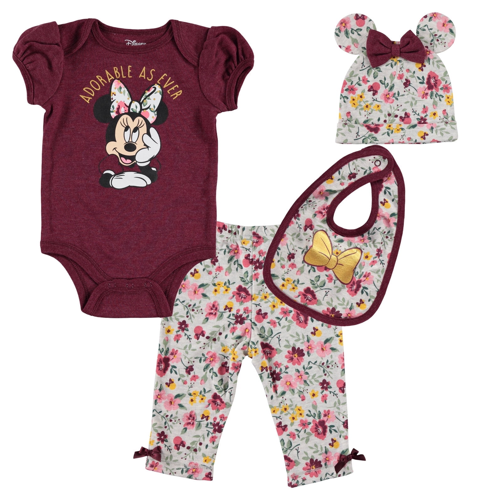 Disney Minnie Mouse 4-Piece Newborn to Infant Outfit Set: Bodysuit ...