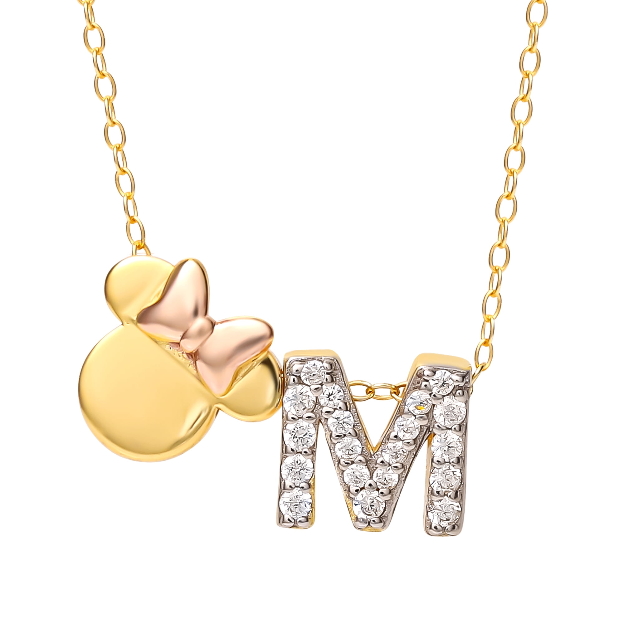 Disney Minnie Mouse Sterling Silver Gold Plated Cubic Zirconia Initial ...