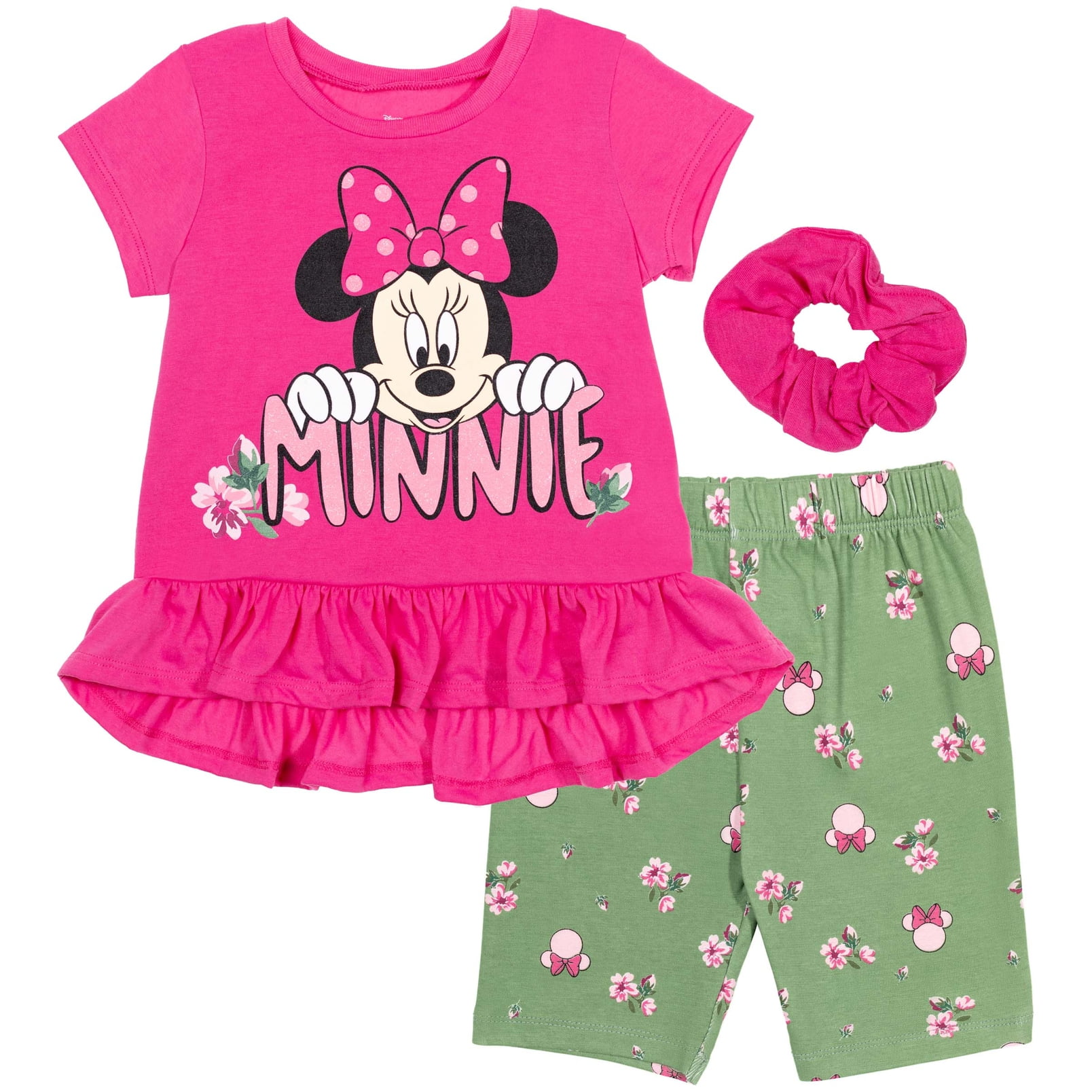 Disney Minnie Mouse Toddler Girls Peplum T-Shirt Bike Shorts and Scrunchie 3 Piece Outfit Set ...