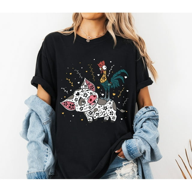 Disney Moana 70s Style Flowers Pattern Pua And Hei Hei Shirt, Cute Pua ...