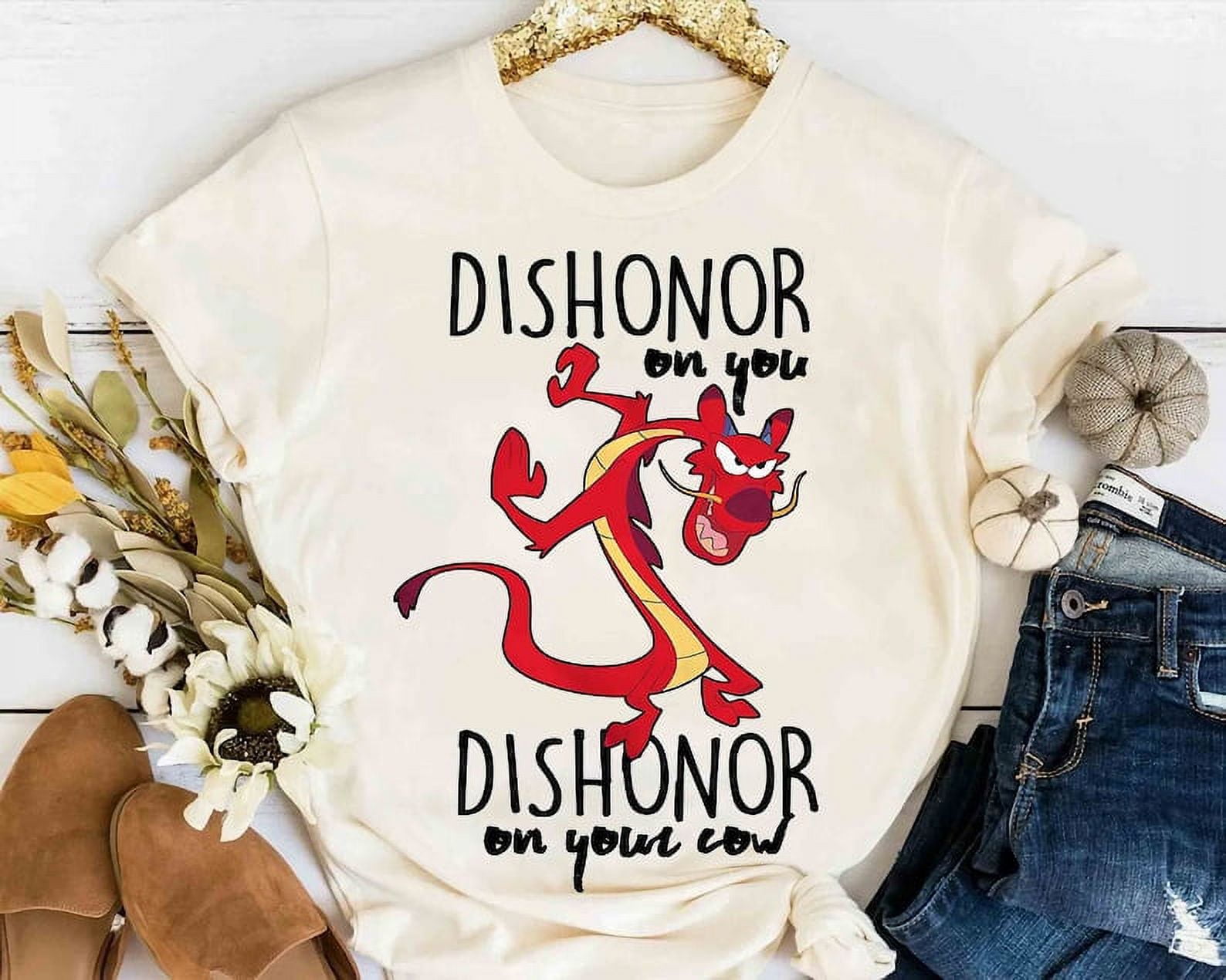 Disney Mulan Funny Mushu Dishonor On Your Cow Graphic Adult Shirt ...