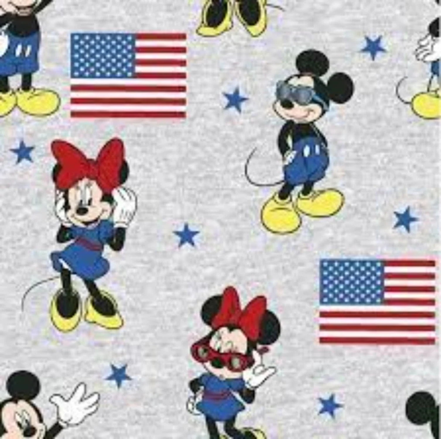 Disney Patriotic Mickey Minnie Mouse American Flag Grey Cotton Fabric ...