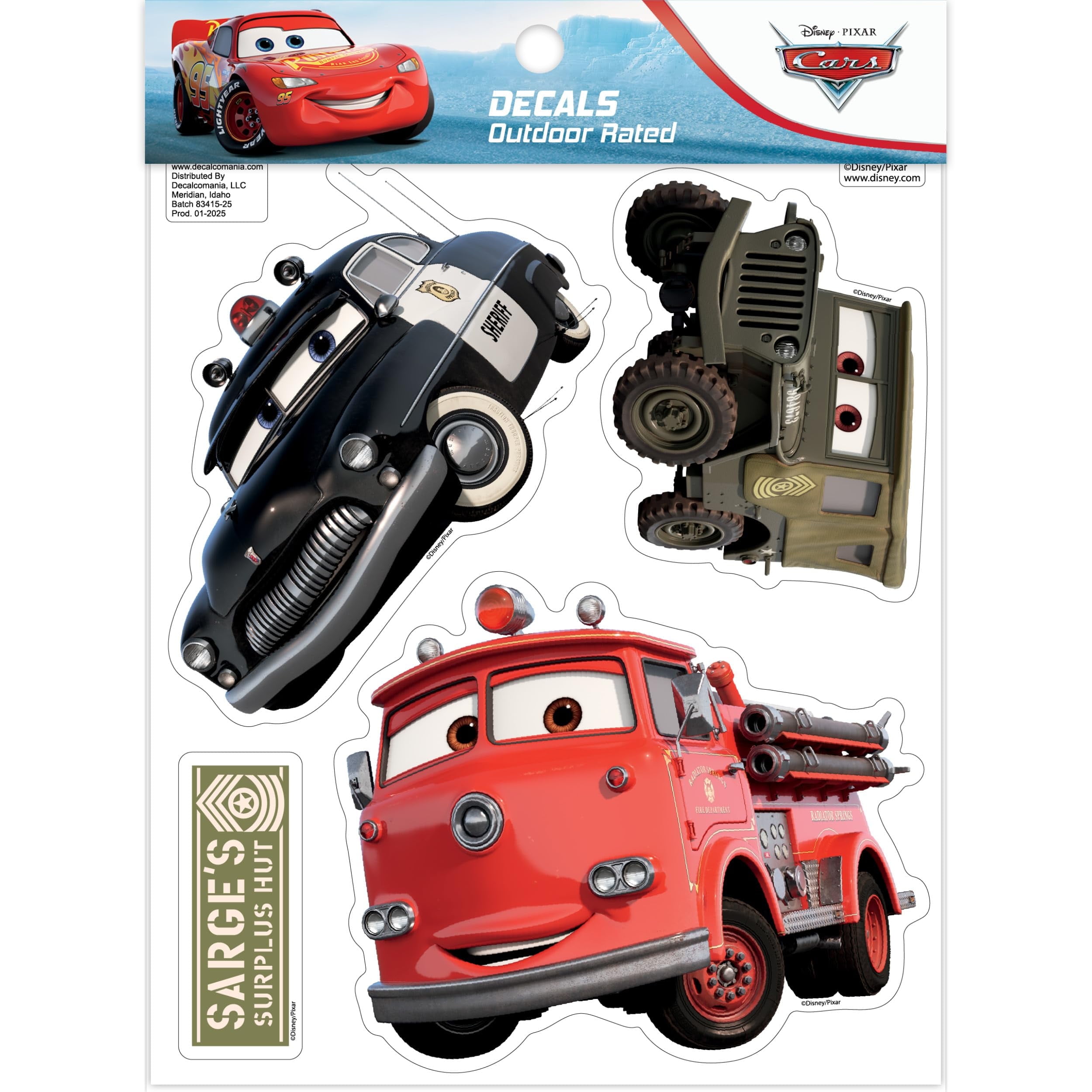 Disney Pixar Cars Decals - Set of 4 Red, Sheriff, Sarge Vinyl Stickers ...
