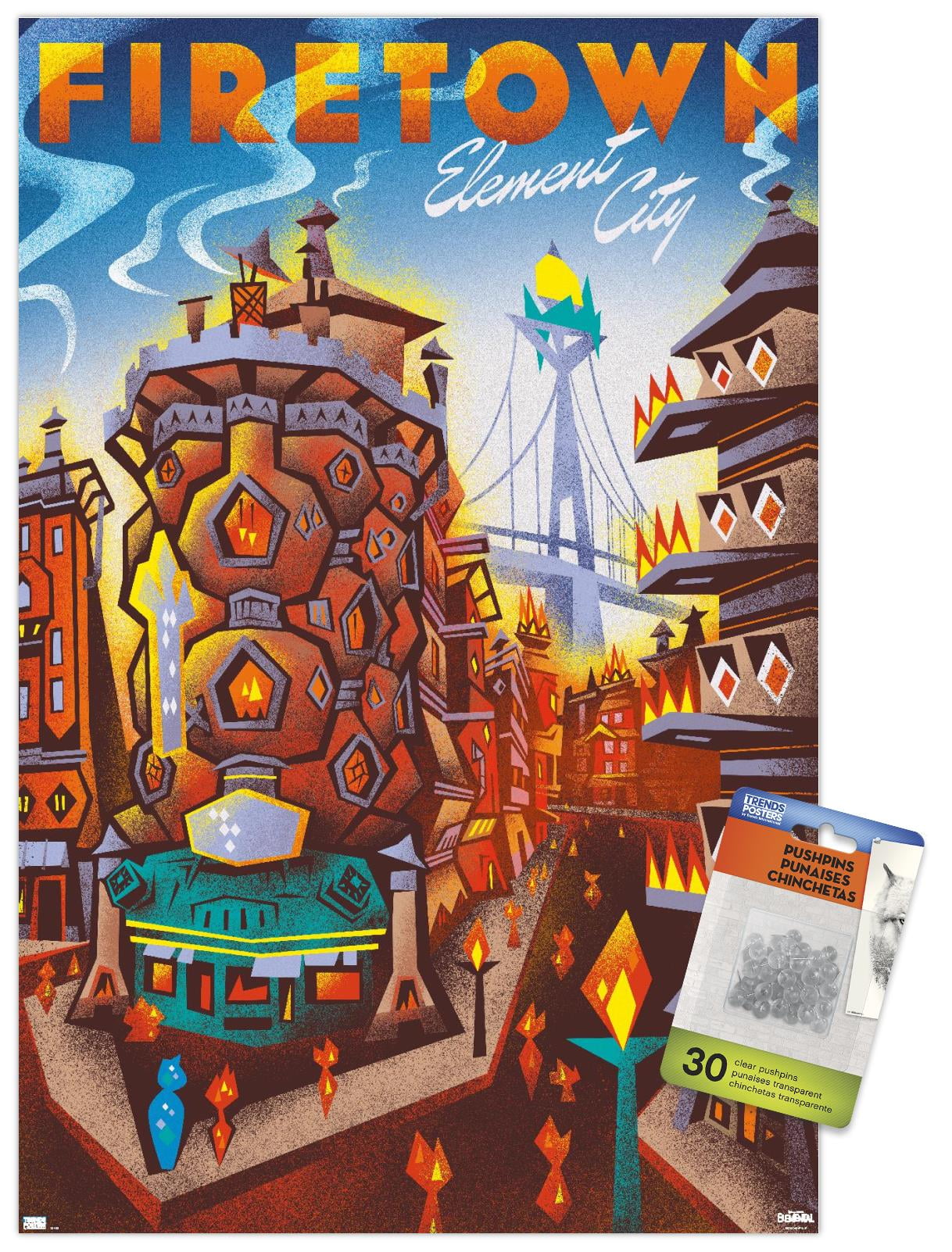 Disney Pixar Elemental - Firetown Wall Poster with Push Pins, 14.725" x ...