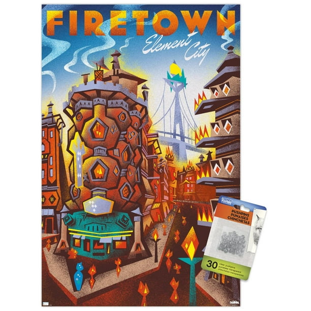 Disney Pixar Elemental - Firetown Wall Poster with Push Pins, 14.725" x ...