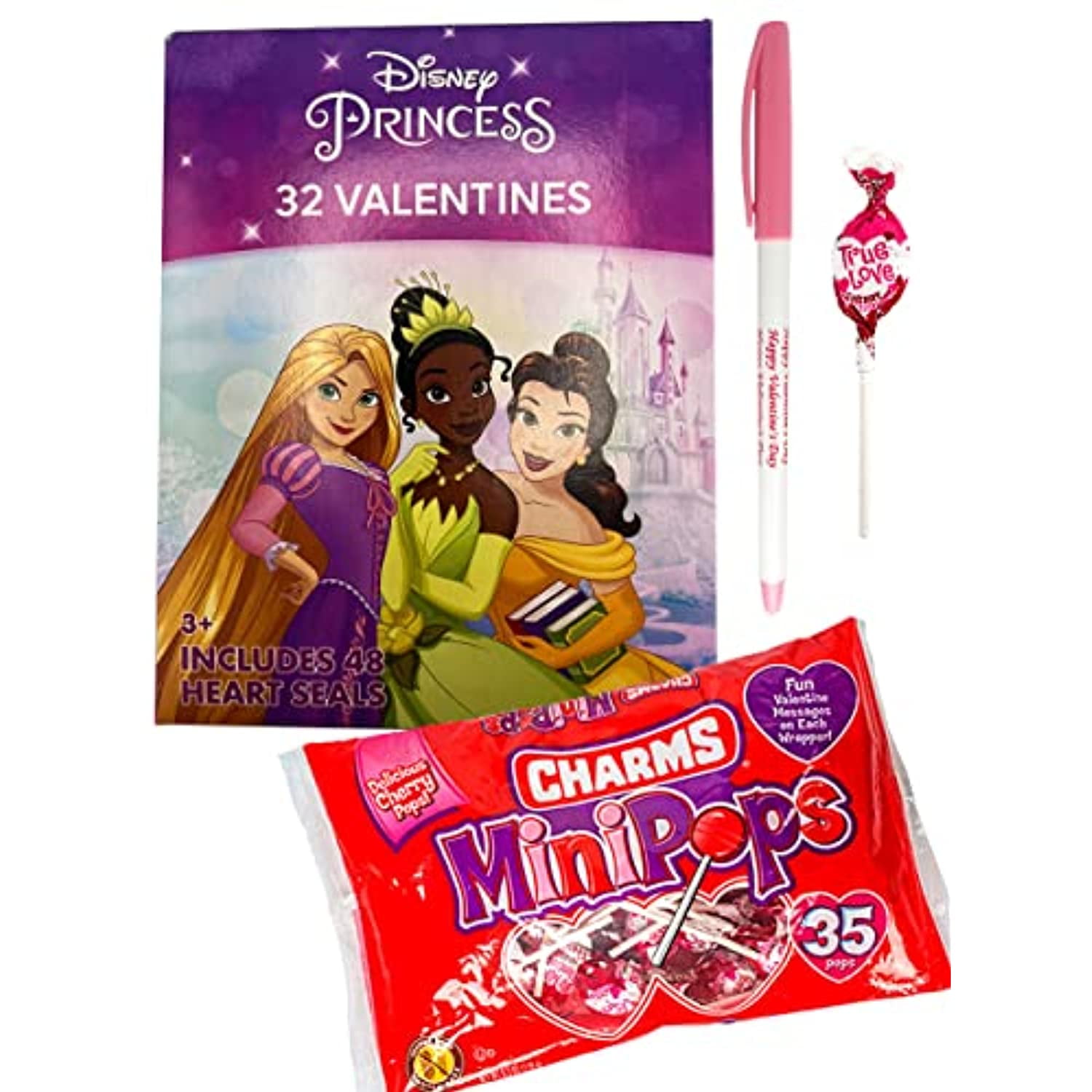 Disney Princess 32 Valentine Cards with Charms Lollipops MiniPops ...