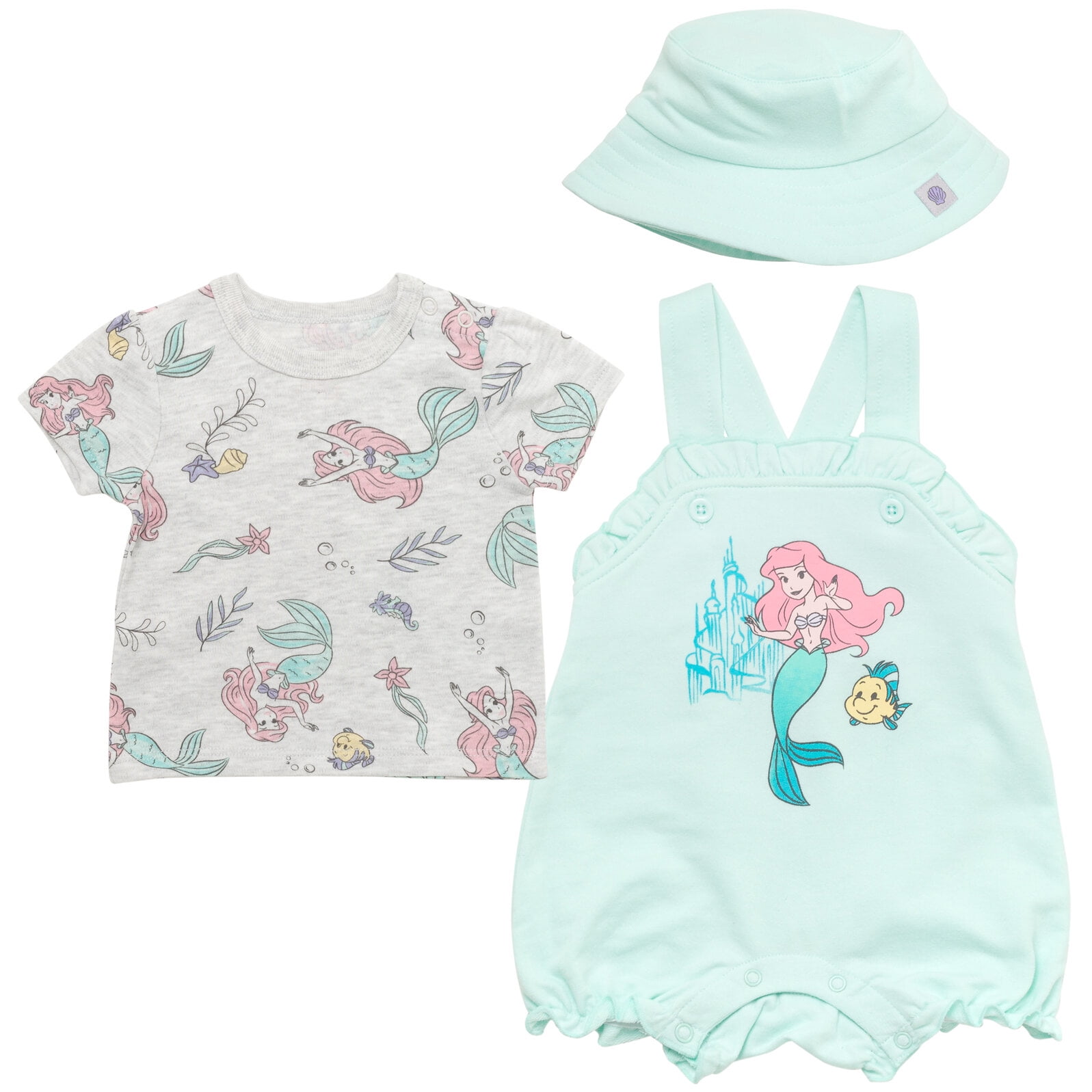 Disney Princess Ariel Infant Baby Girls French Terry Short Overalls T ...