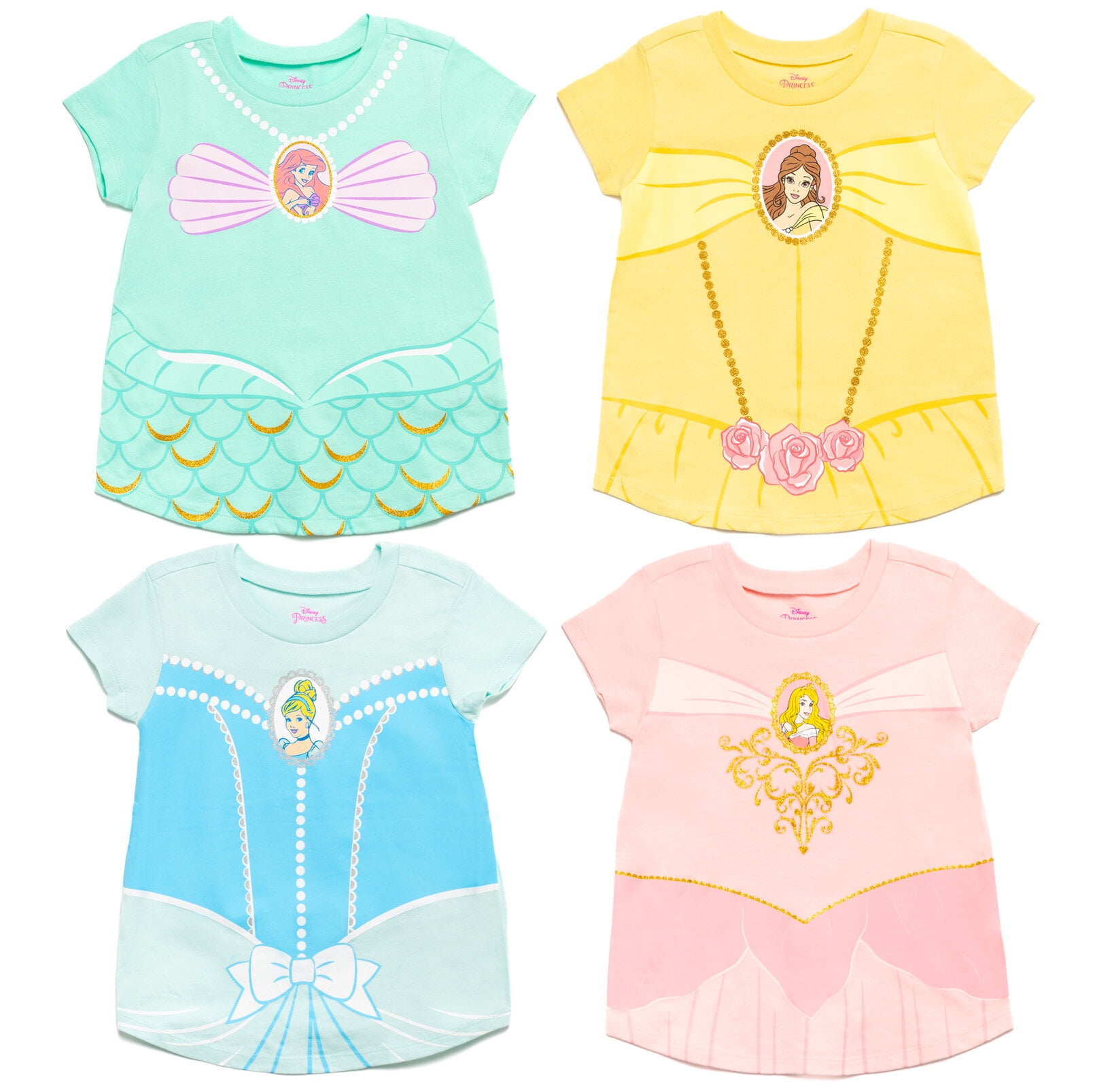 Disney Princess Girls 4-Pack T-Shirts: Ariel, Belle, Cinderella, Aurora ...