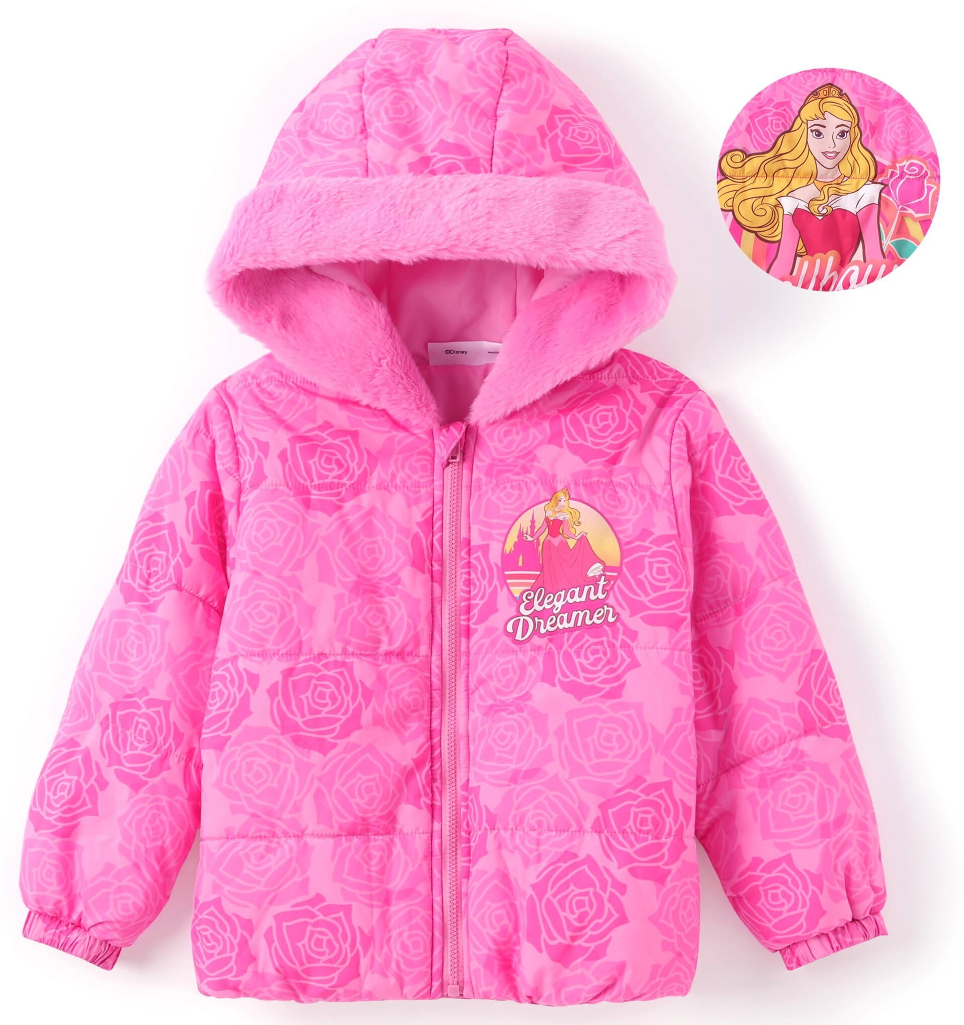 Disney Princess Aurora Girls Puffer Jackets Graphic Winter Hoodie Zip ...